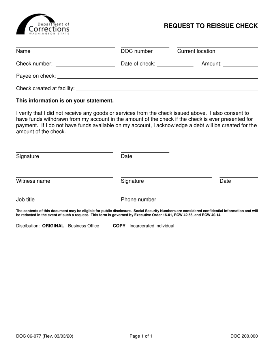 Form DOC06-077 Download Printable PDF or Fill Online Request to Reissue ...