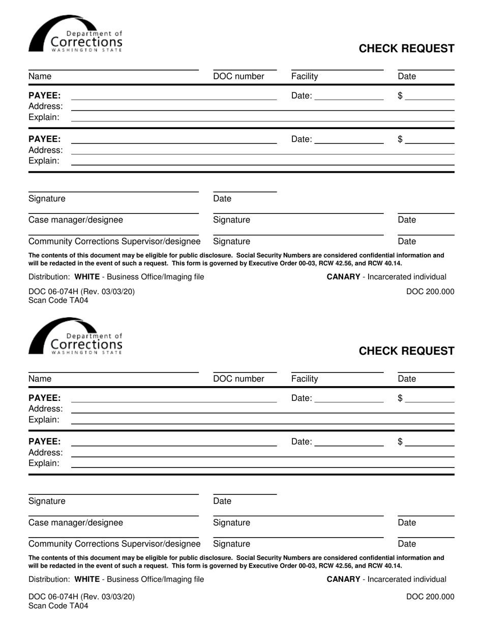 Form DOC06-074H - Fill Out, Sign Online and Download Printable PDF, Washington | Templateroller