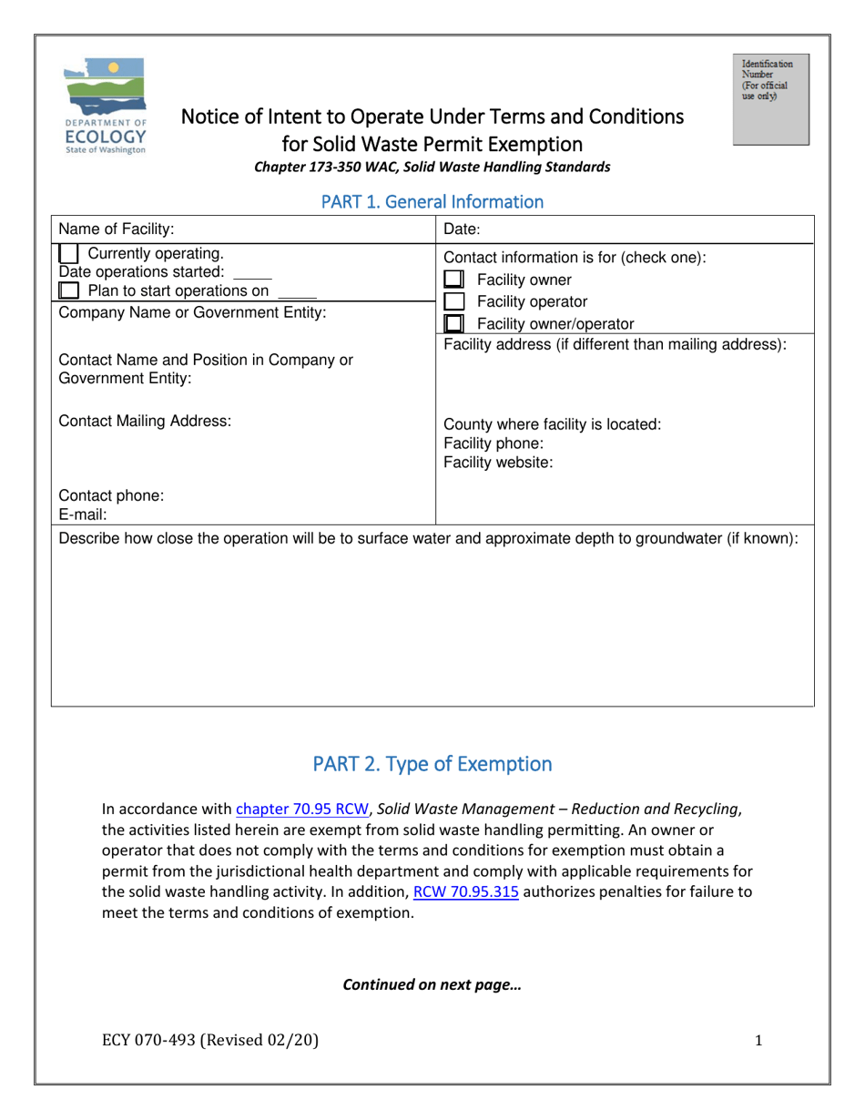Form ECY070-493 Download Fillable PDF or Fill Online Notice of Intent ...
