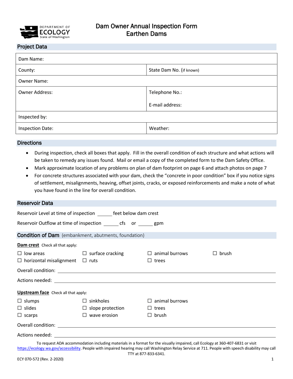 Form ECY070-572 Download Fillable PDF or Fill Online Dam Owner Annual ...