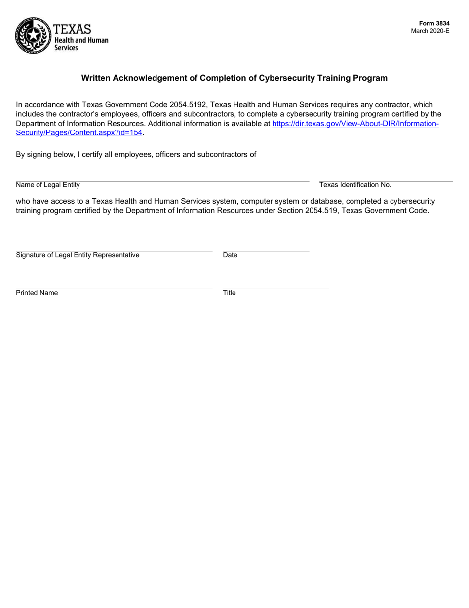 Form 3834 - Fill Out, Sign Online and Download Fillable PDF, Texas ...