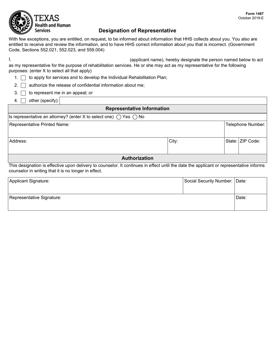 Form 1487 - Fill Out, Sign Online and Download Fillable PDF, Texas ...
