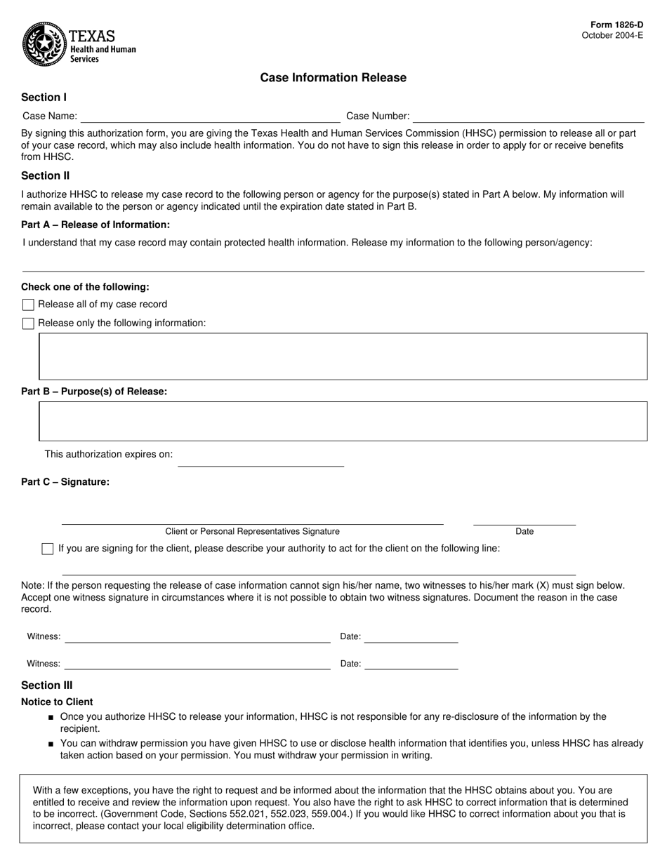 Form 1826-D - Fill Out, Sign Online and Download Fillable PDF, Texas ...