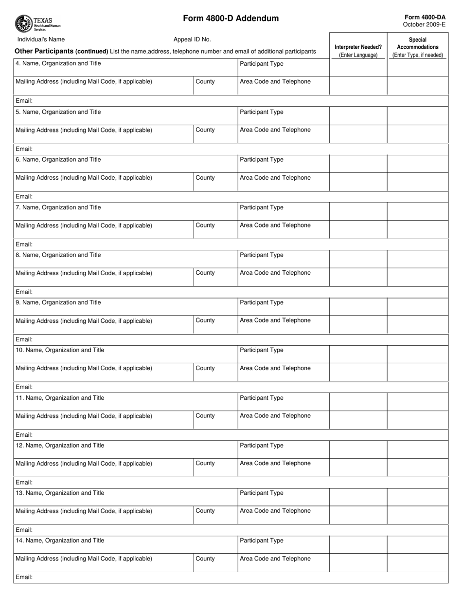 Form 4800-DA - Fill Out, Sign Online and Download Fillable PDF, Texas ...