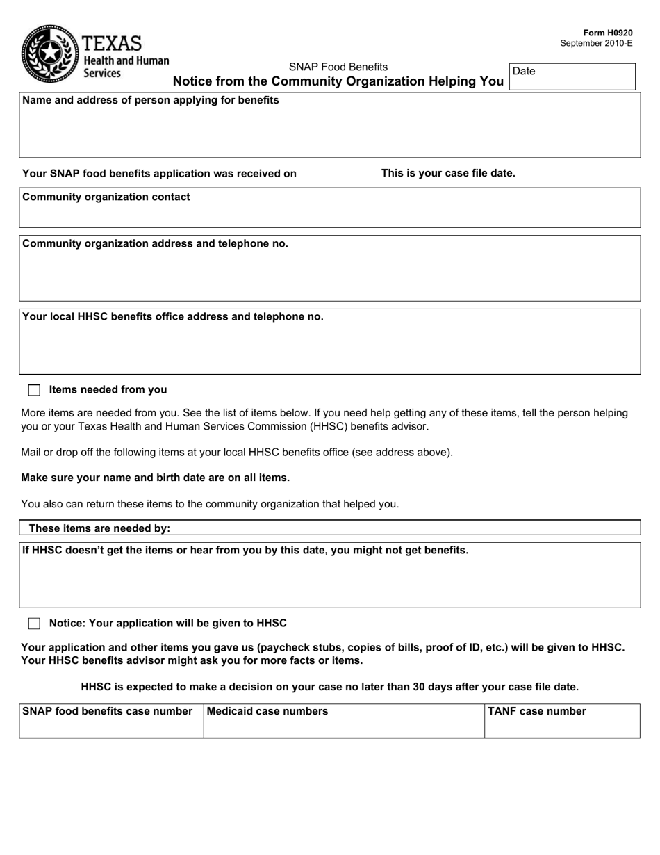 Form H0920 - Fill Out, Sign Online and Download Fillable PDF, Texas ...