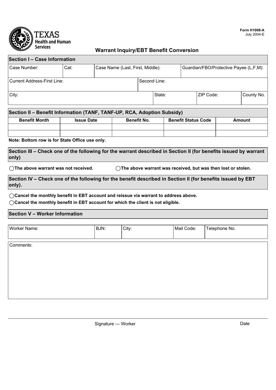 Form H1008-A - Fill Out, Sign Online and Download Fillable PDF, Texas ...