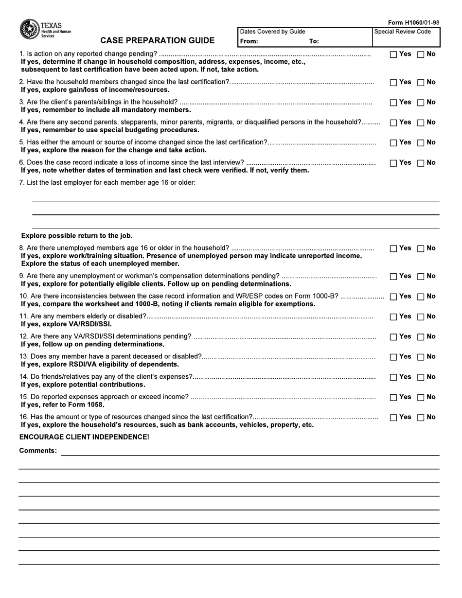 Form H1060 - Fill Out, Sign Online and Download Printable PDF, Texas ...