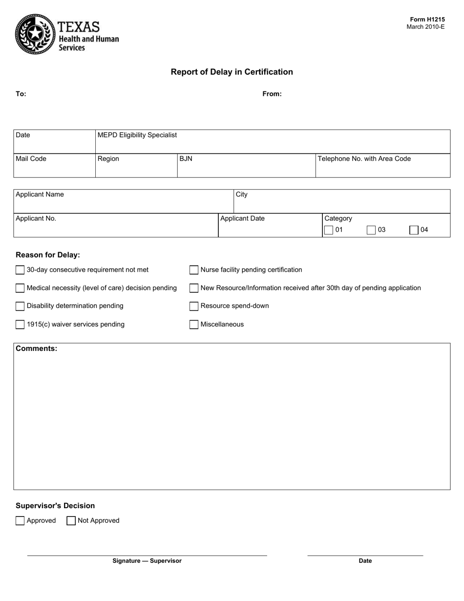 Form H1215 - Fill Out, Sign Online and Download Fillable PDF, Texas ...