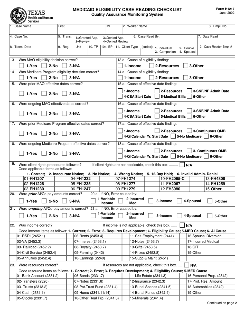 Form H1217 - Fill Out, Sign Online and Download Printable PDF, Texas ...