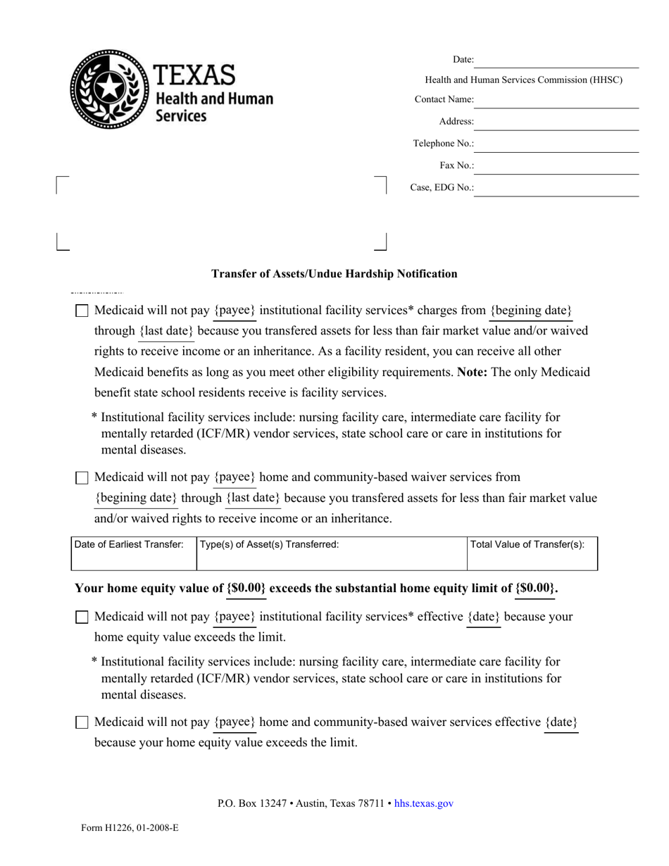 Form H1226 - Fill Out, Sign Online and Download Fillable PDF, Texas ...