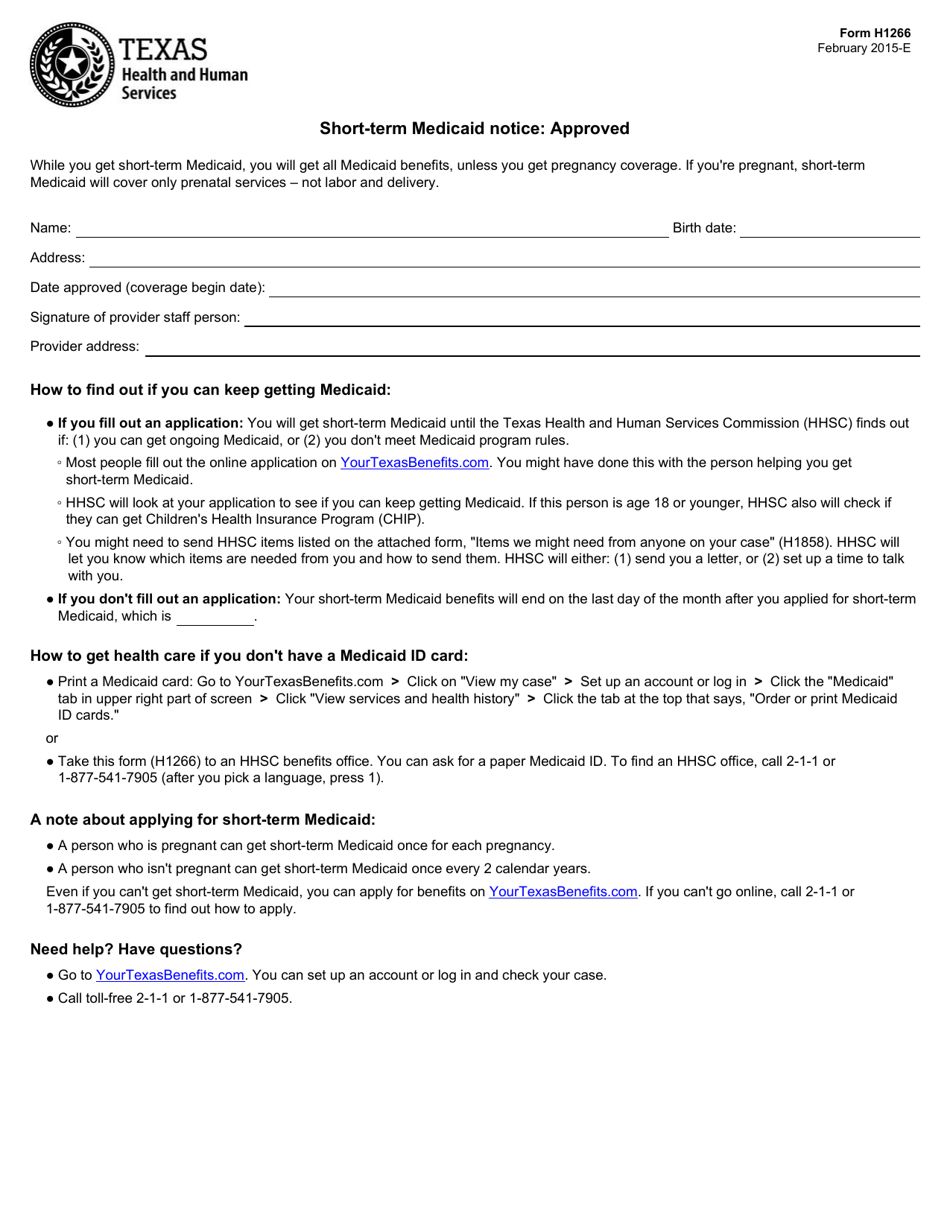 Form H1266 - Fill Out, Sign Online and Download Fillable PDF, Texas ...