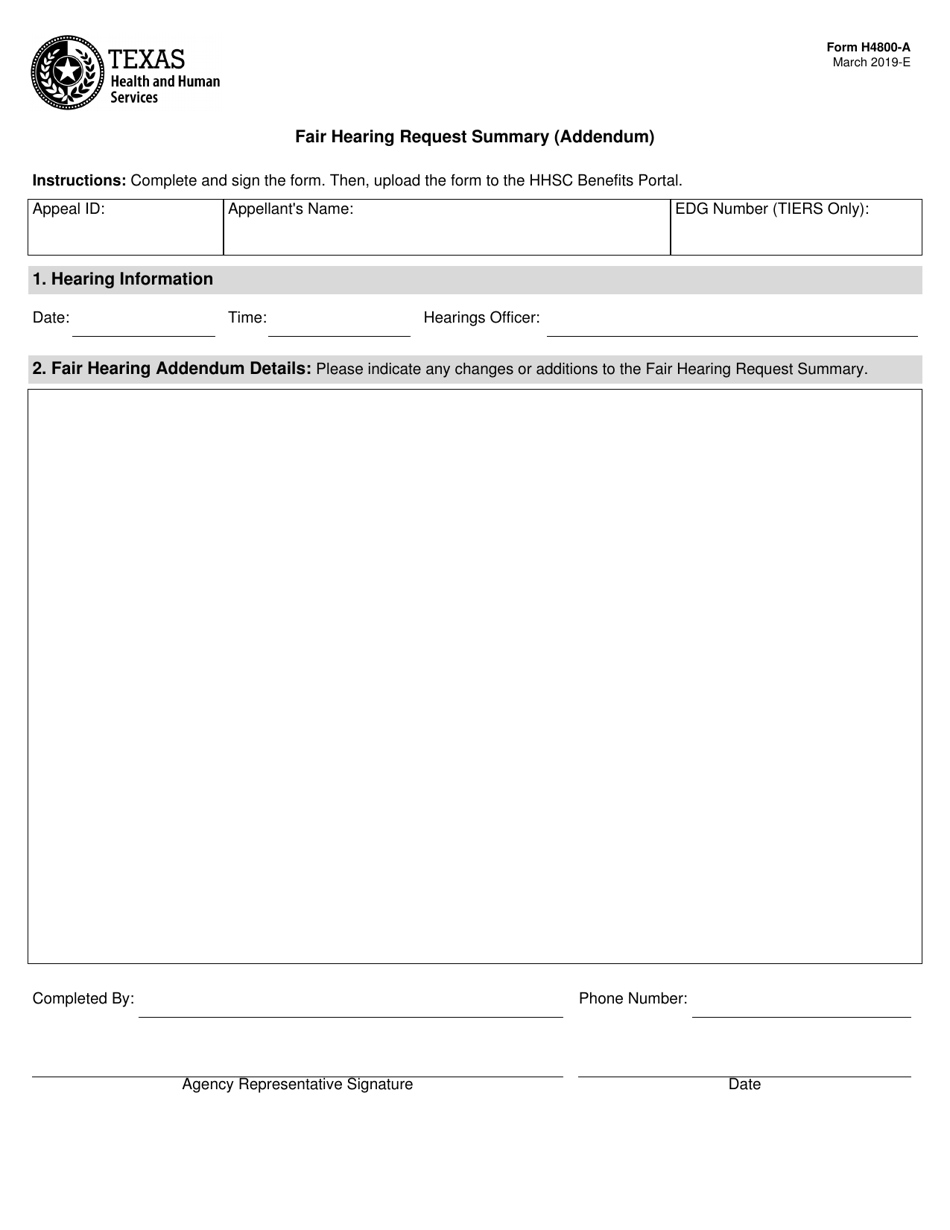 Form H4800-A - Fill Out, Sign Online and Download Fillable PDF, Texas ...