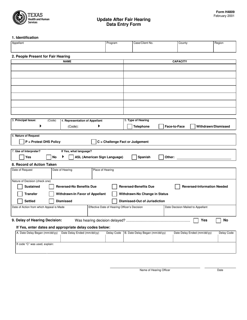 Form H4809 - Fill Out, Sign Online and Download Printable PDF, Texas ...