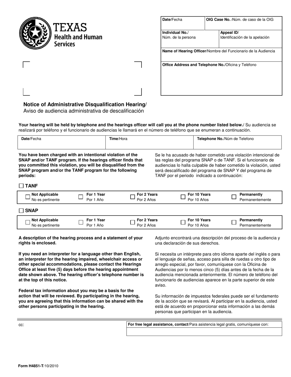 Form H4851-T - Fill Out, Sign Online and Download Printable PDF, Texas ...
