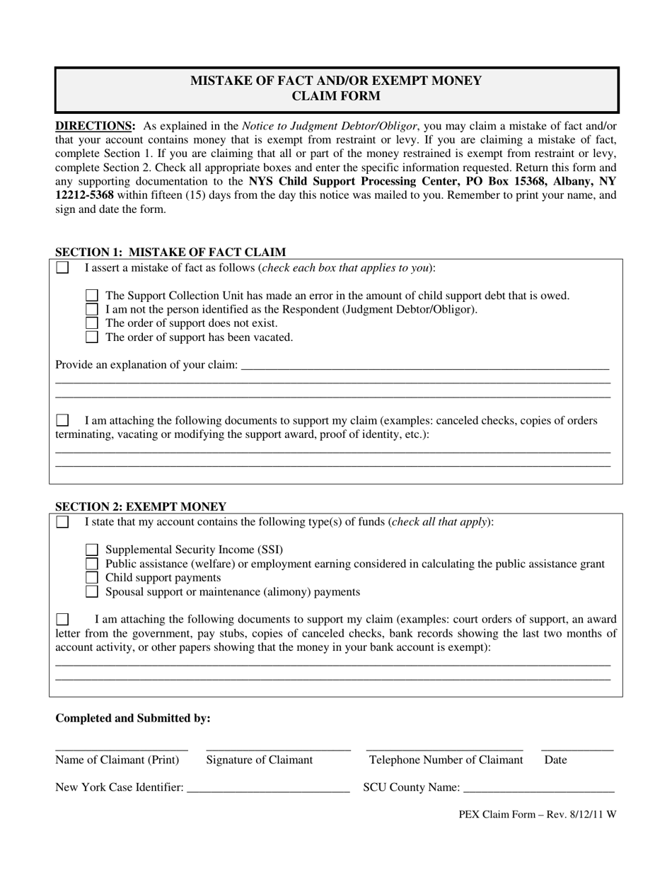 New York Mistake of Fact and/or Exempt Money Claim Form - Fill Out ...