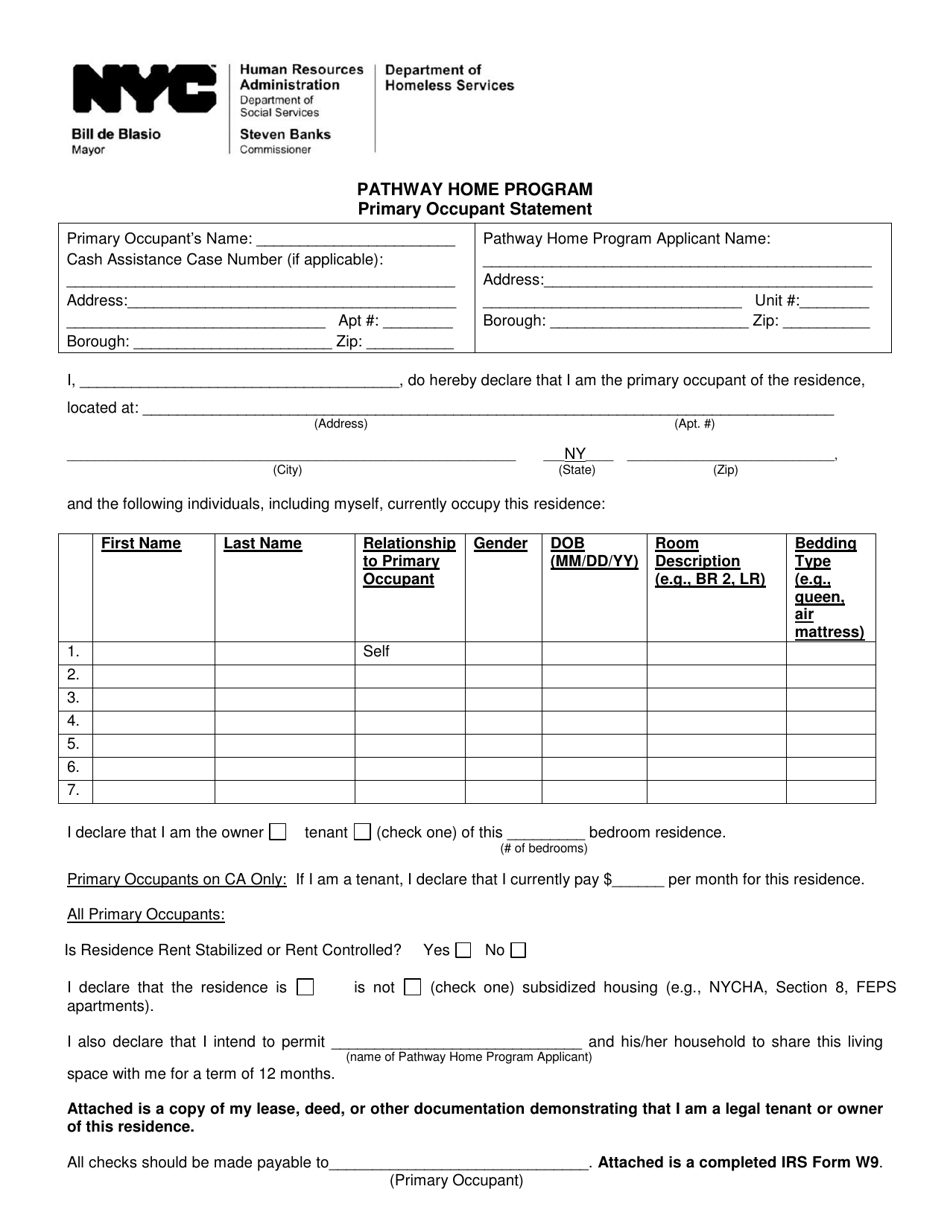 New York City Pathway Home Program Primary Occupant Statement - Fill ...