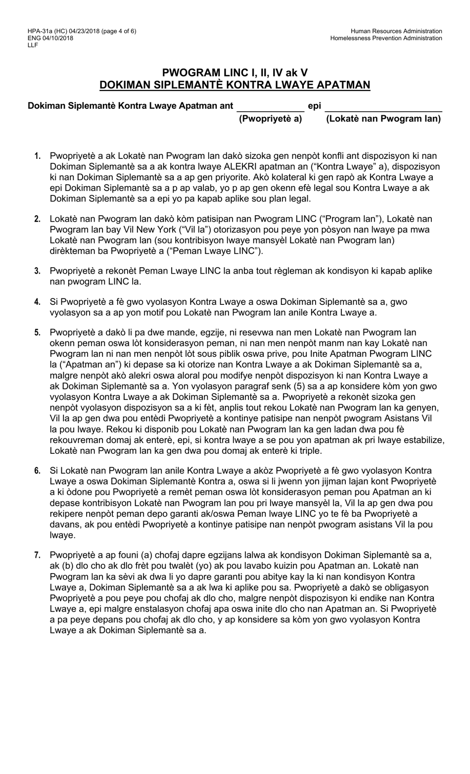 Form HPA-31A (HC) - Fill Out, Sign Online and Download Printable PDF, New York City (Haitian ...