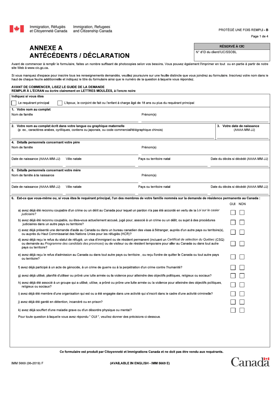 Forme IMM5669 Supplément A - Fill Out, Sign Online and Download ...