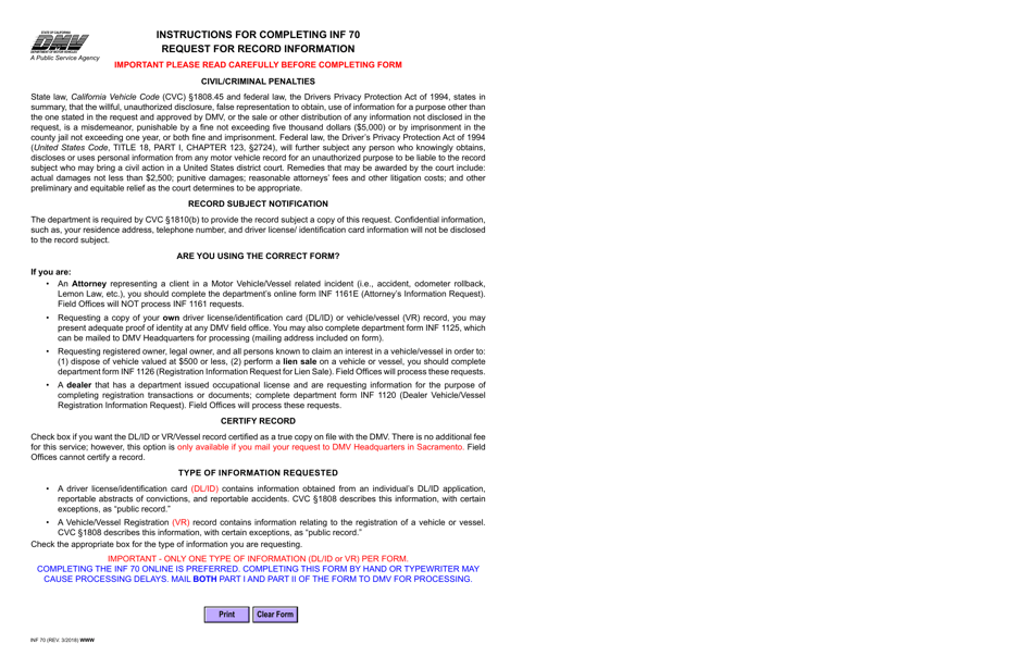 Form INF70 - Fill Out, Sign Online and Download Fillable PDF ...