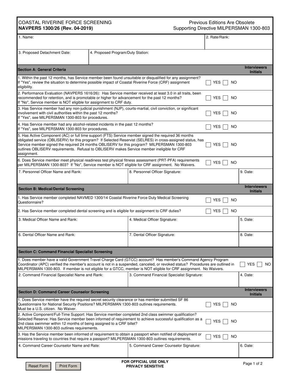 NAVPERS Form 1300/26 - Fill Out, Sign Online and Download Fillable PDF ...
