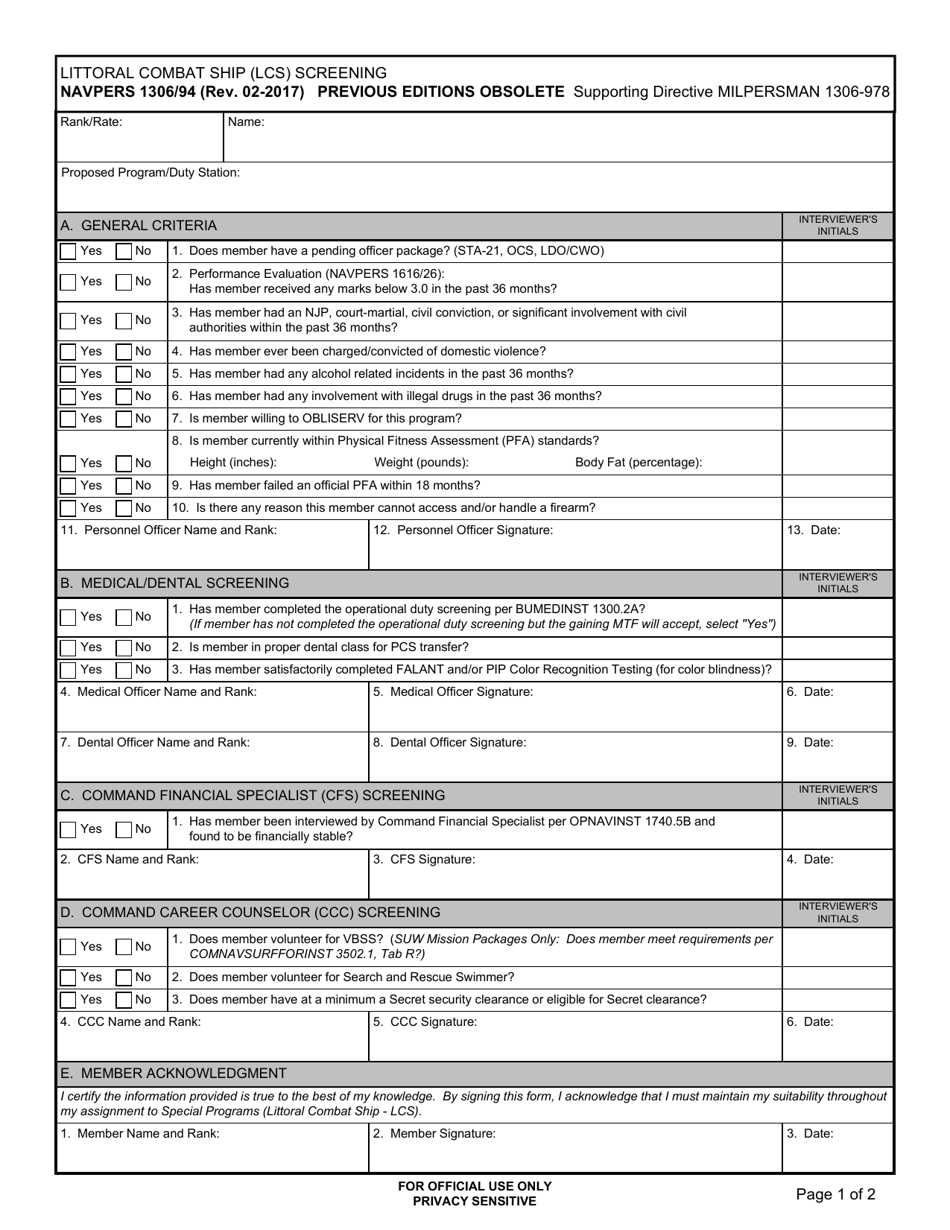 NAVPERS Form 1306/94 - Fill Out, Sign Online and Download Fillable PDF ... NAVPERS Form 1306/94 - Fill Out, Sign Online and Download Fillable PDF ...