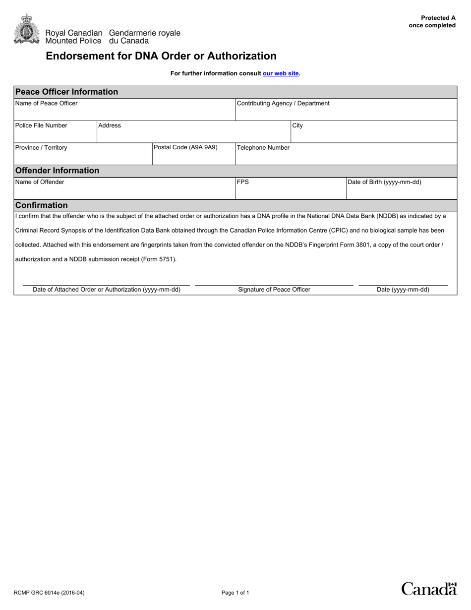 Form RCMP GRC6014 Download Fillable PDF or Fill Online Endorsement for ...