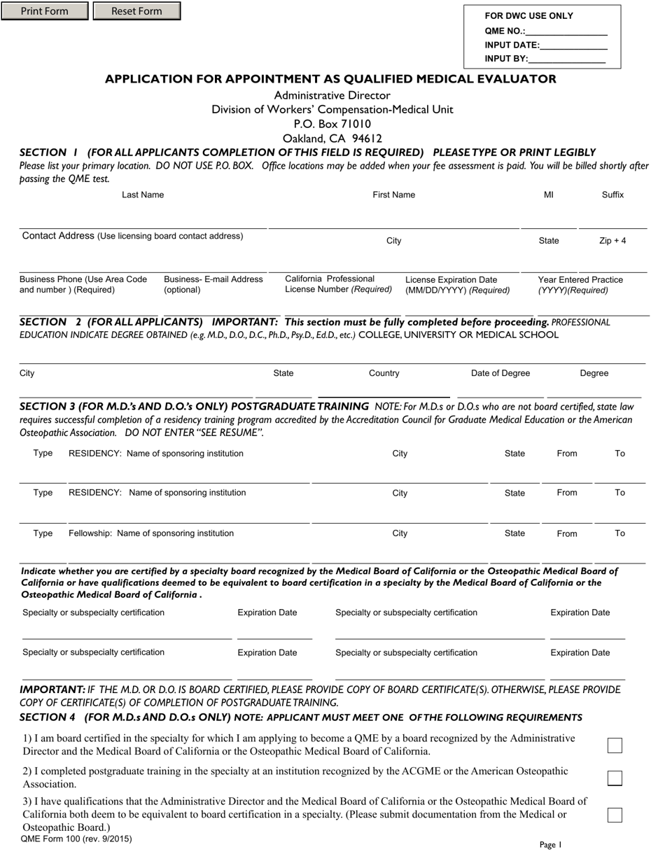 QME Form 100 - Fill Out, Sign Online and Download Fillable PDF ...