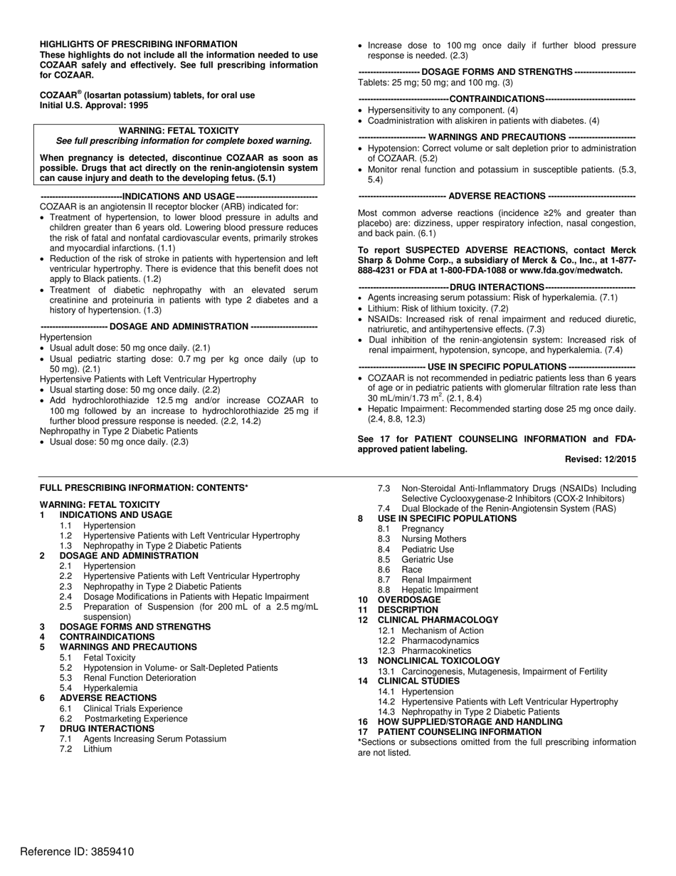 Cozaar: Highlights of Prescribing Information Download Printable PDF ...