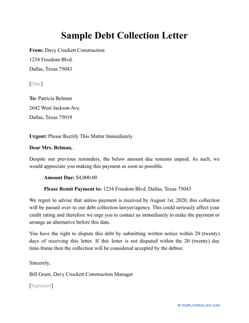 Sample Debt Collection Letter Download Printable PDF Templateroller