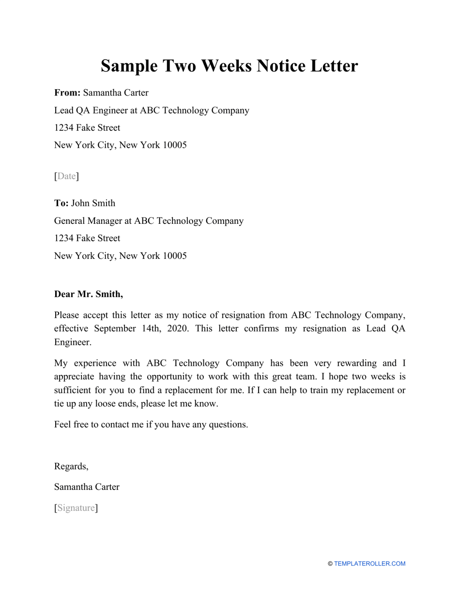 Two Weeks Notice Letter Template