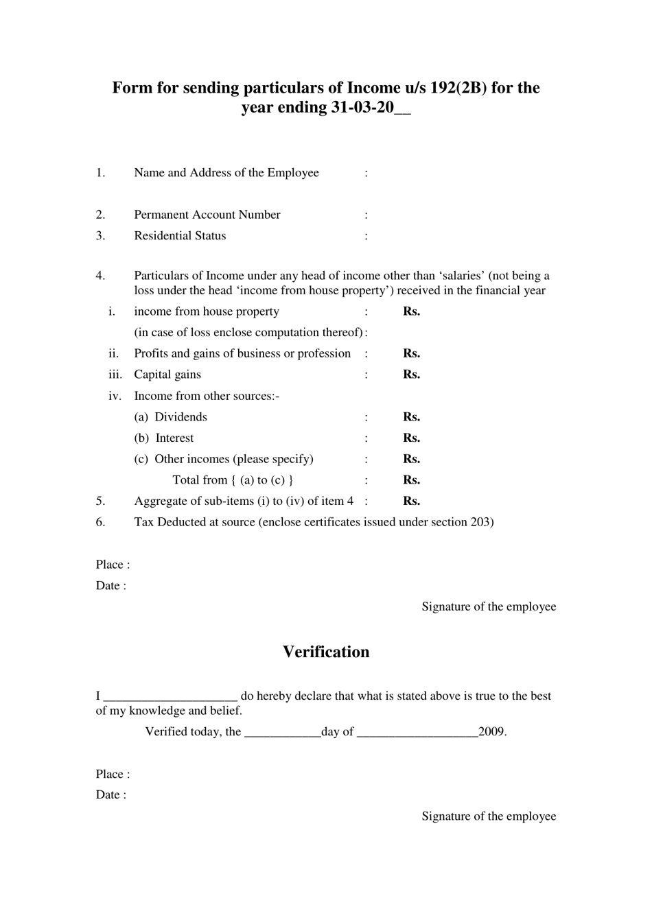 India Form for Sending Particulars of Income U/S 192(2b) - Fill Out ...