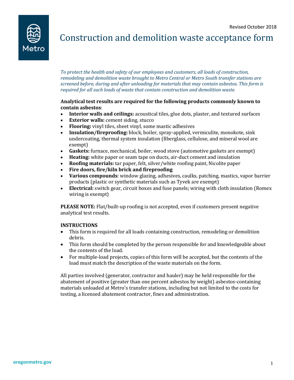 Oregon Construction and Demolition Waste Acceptance Form - Fill Out ...