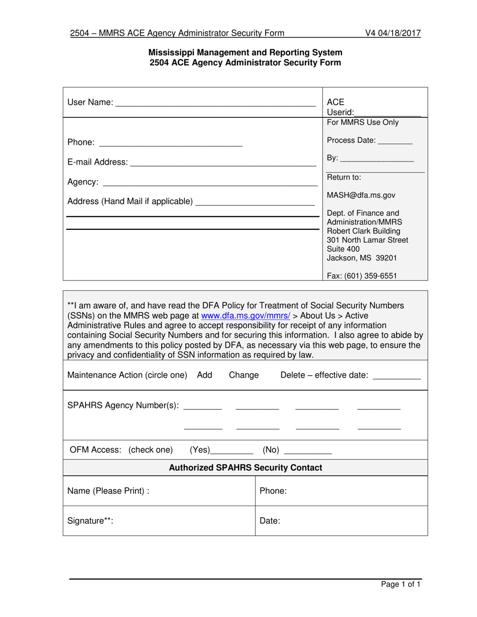 Mississippi 2504 Ace Agency Administrator Security Form - Fill Out ...