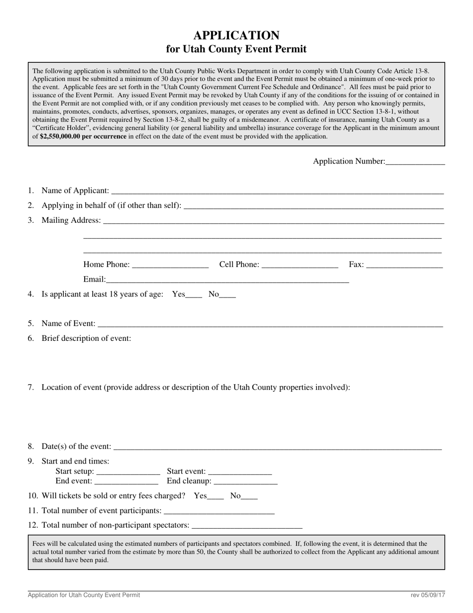 Utah County, Utah Application for Utah County Event Permit Download ...