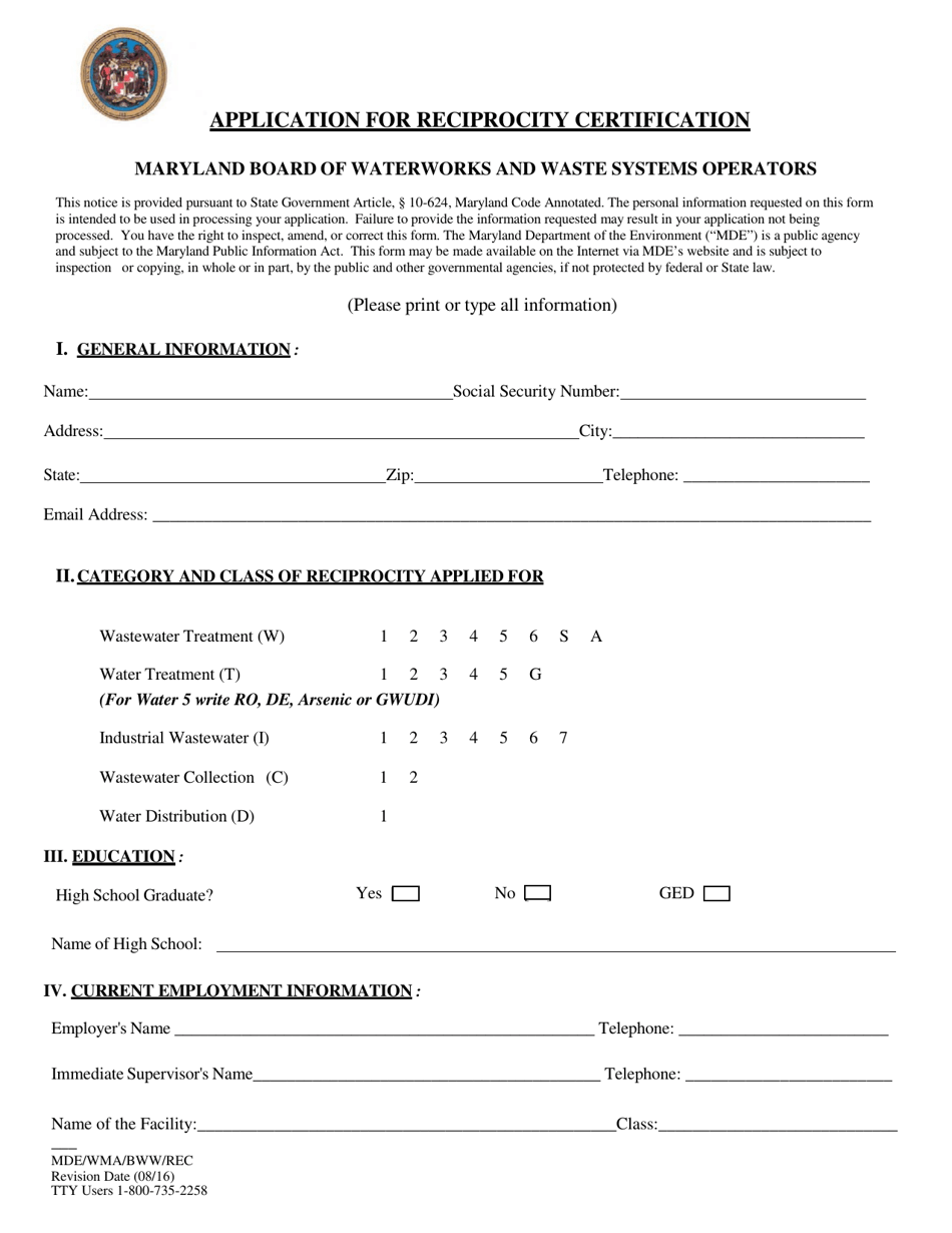 Form MDE/WMA/BWW/REC - Fill Out, Sign Online and Download Fillable PDF ...