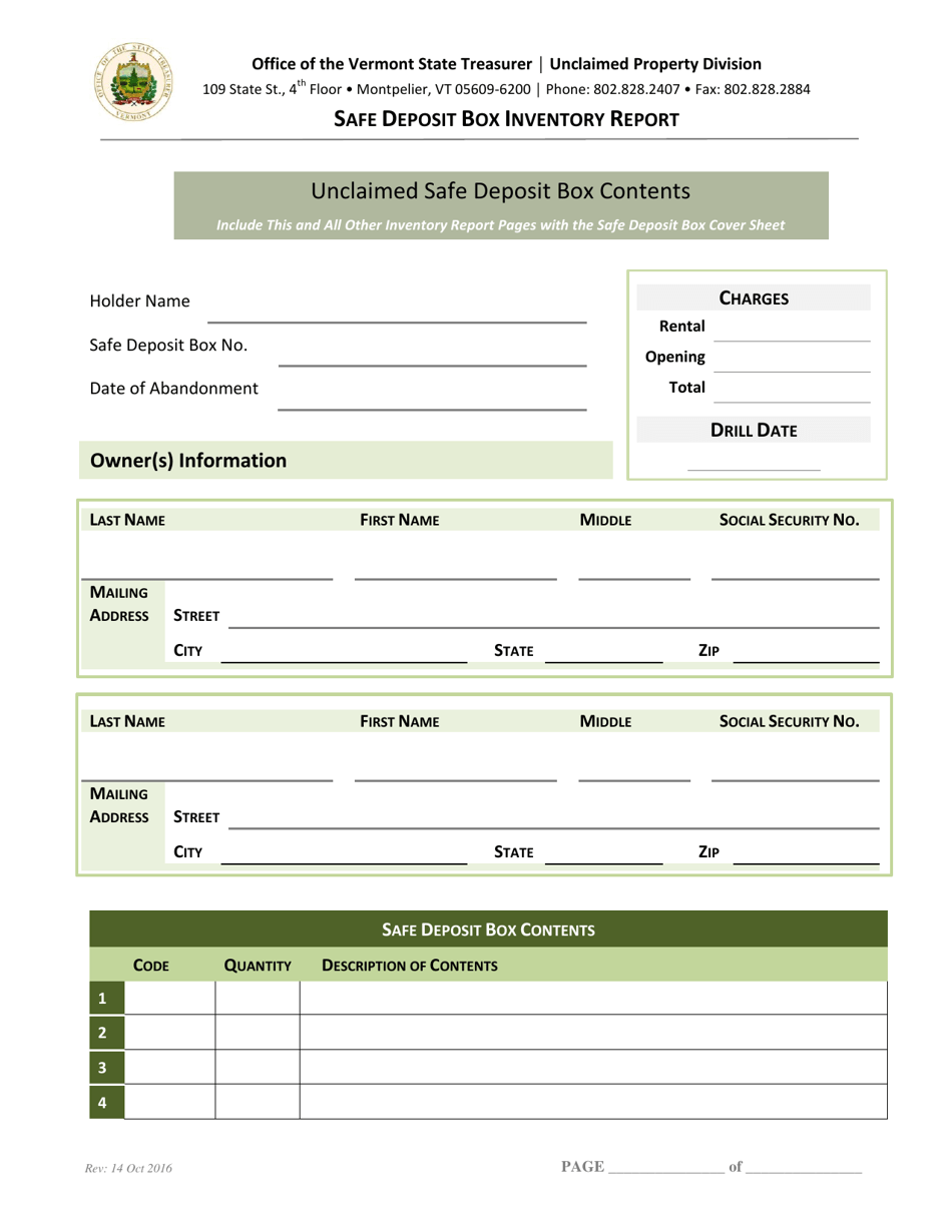 Vermont Safe Deposit Box Inventory Report - Fill Out, Sign Online and ...