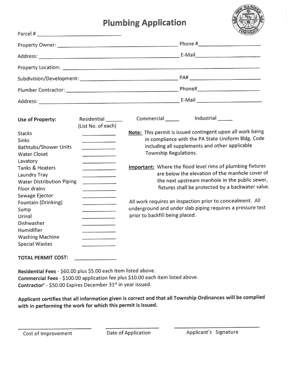New Hanover Township, Pennsylvania Plumbing Application - Fill Out ...