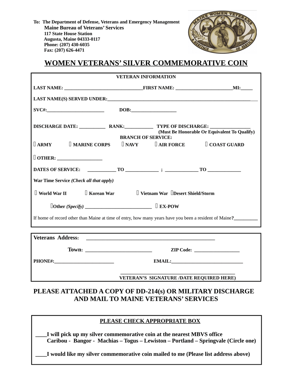 Maine Women Veterans' Silver Commemorative Coin Request Form - Fill Out ...