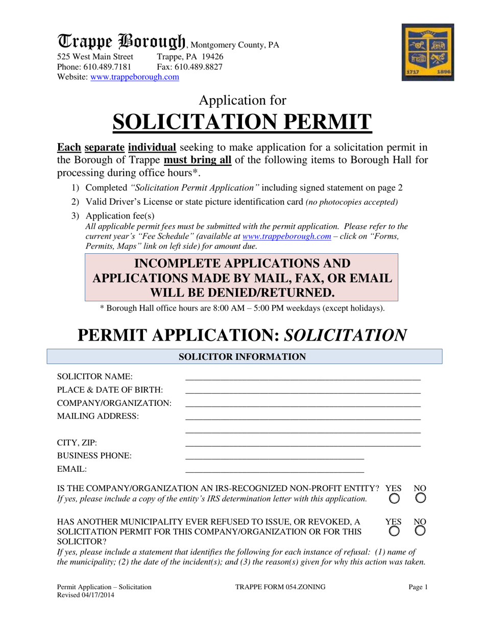 Borough of Trappe, Pennsylvania Application for Solicitation Permit ...