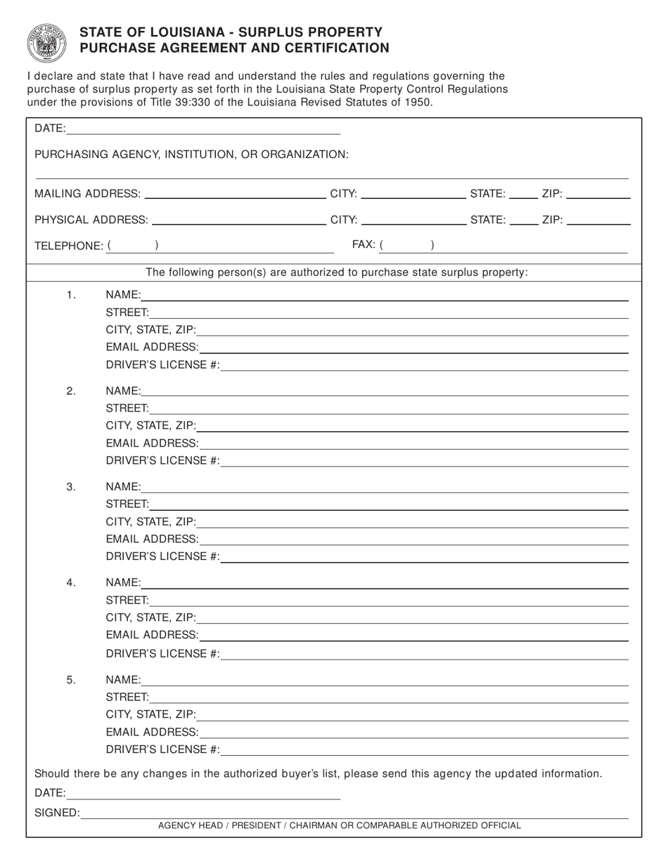 Louisiana Surplus Property Purchase Agreement and Certification - Fill ...