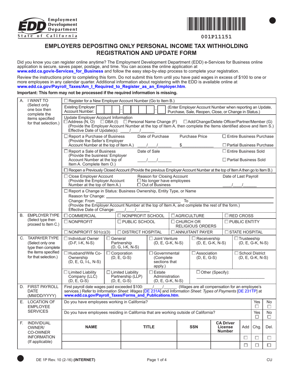 Form DE1P - Fill Out, Sign Online and Download Fillable PDF, California ...