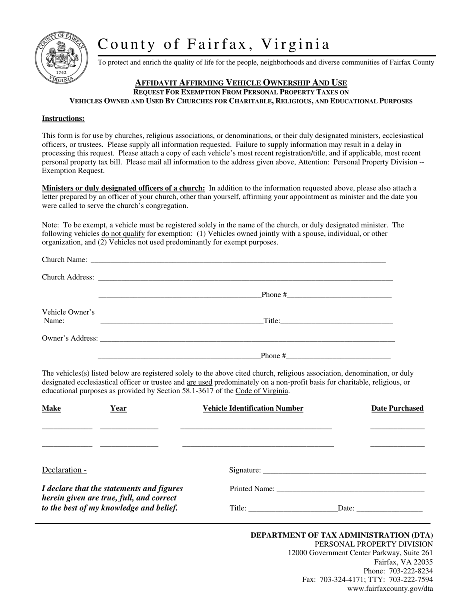 County of Fairfax, Virginia Affidavit Affirming Vehicle Ownership and ...