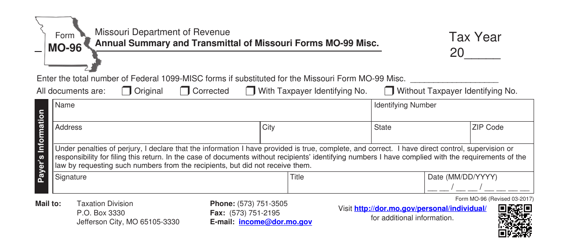 Form MO-96 Download Fillable PDF or Fill Online Annual Summary and ...