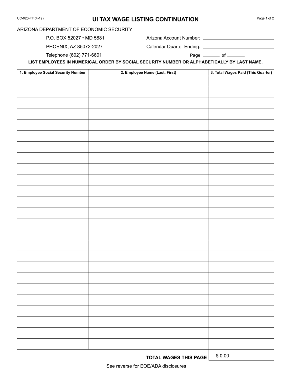 Form UC-020 - Fill Out, Sign Online and Download Fillable PDF, Arizona ...