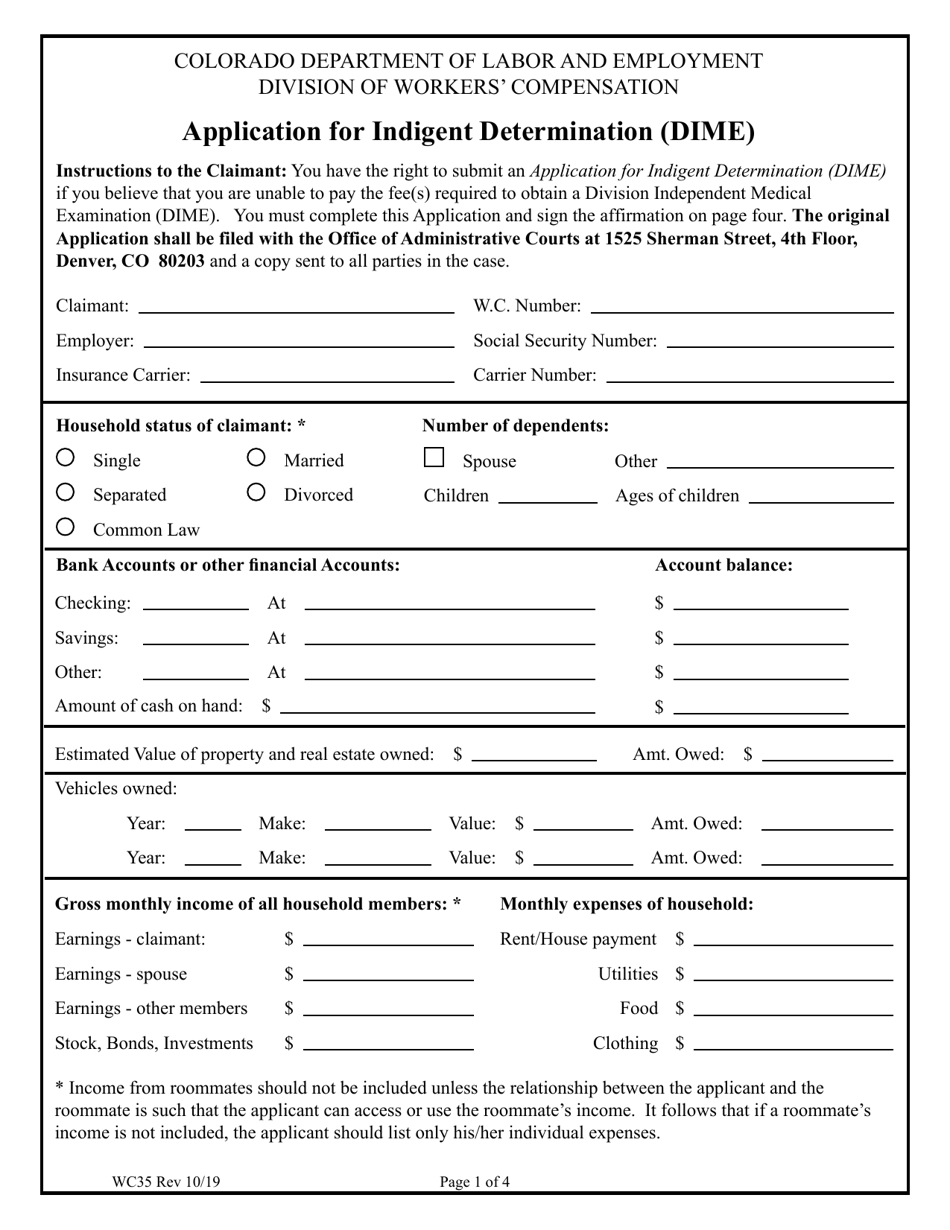 Form WC35 Download Fillable PDF or Fill Online Application for Indigent ...