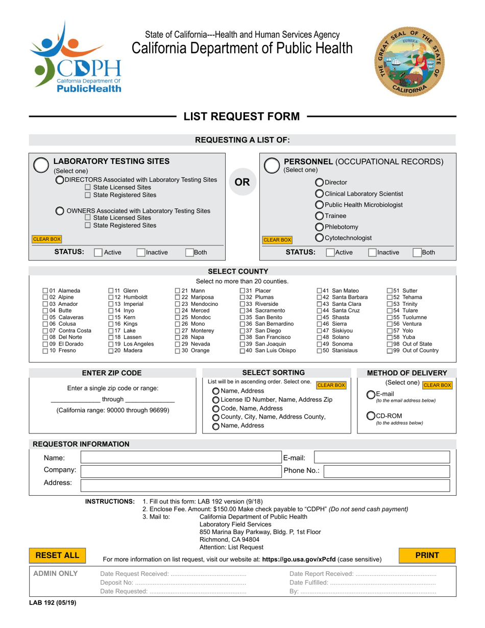 Form LAB192 Download Fillable PDF or Fill Online List Request Form ...
