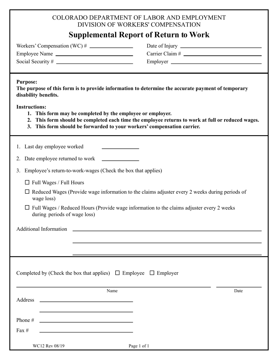 Form WC12 - Fill Out, Sign Online and Download Fillable PDF, Colorado ...