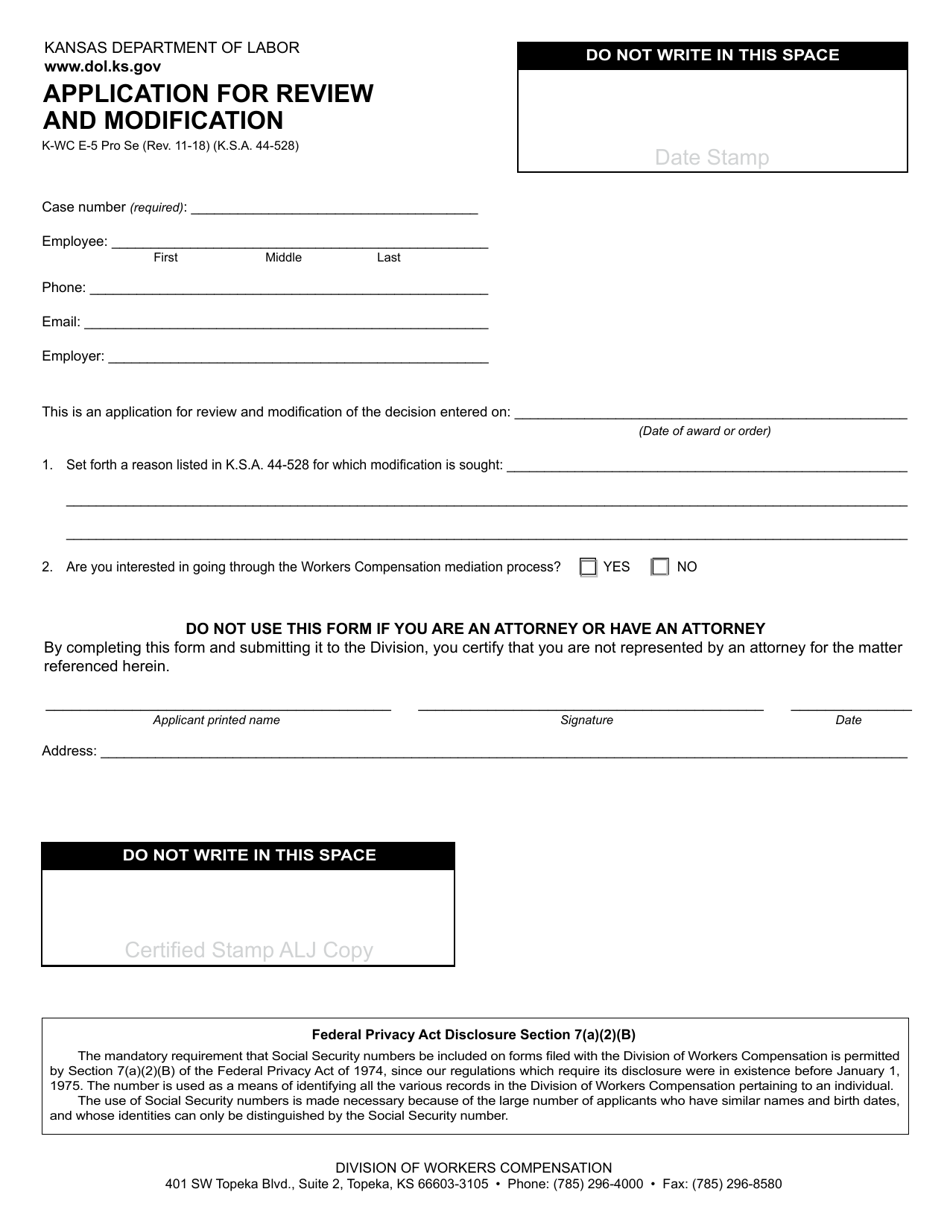 Form K-WC E-5 - Fill Out, Sign Online and Download Fillable PDF, Kansas ...