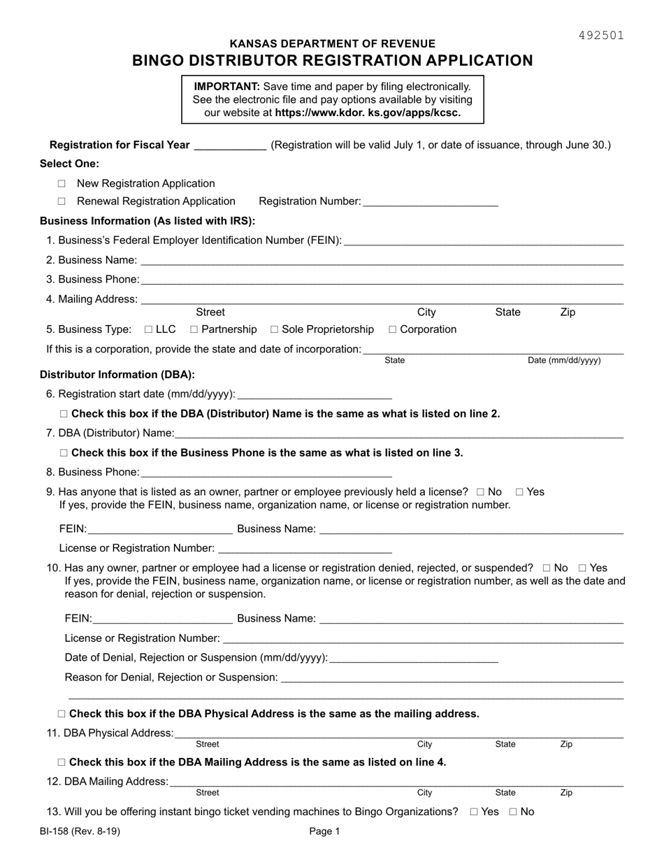 Form BI-158 - Fill Out, Sign Online and Download Fillable PDF, Kansas ...