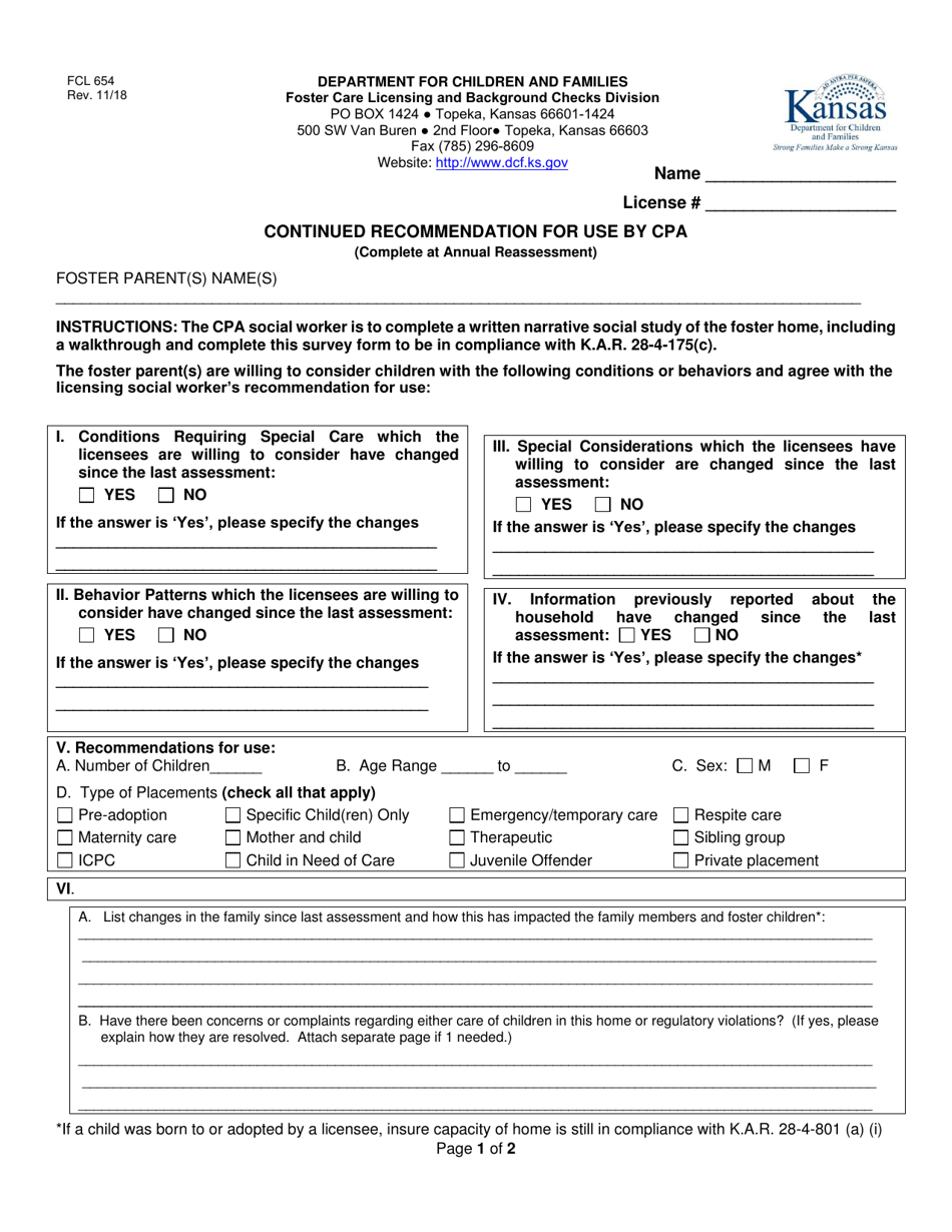 Form FCL654 - Fill Out, Sign Online and Download Printable PDF, Kansas ...